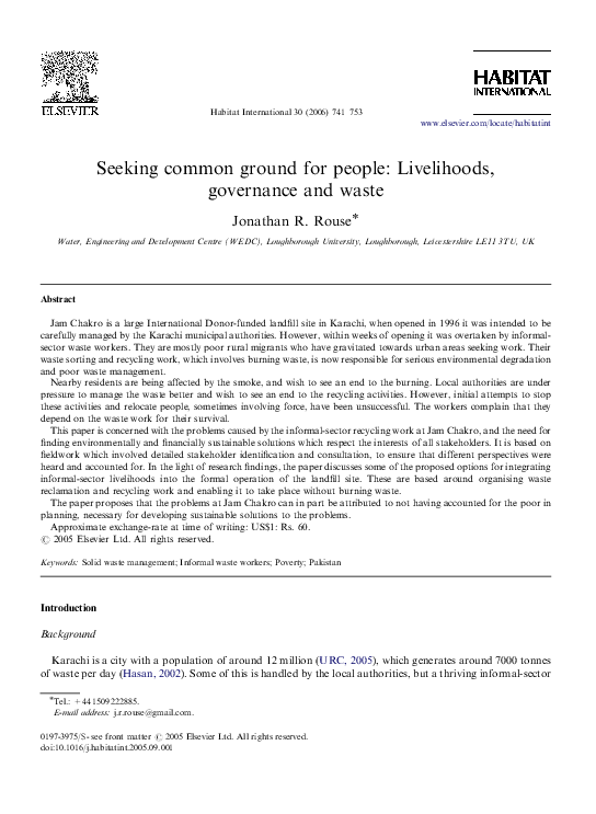 (PDF) Seeking common ground for people: Livelihoods, governance and waste