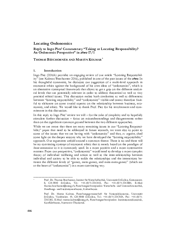 (PDF) Locating Ordonomics Reply to Ingo Pies' Commentary " Taking or ...