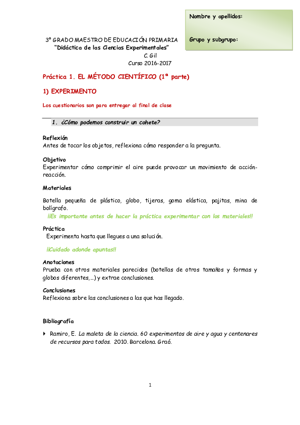 (PDF) Práctica 1. EL MÉTODO CIENTÍFICO (1ª parte) 1) EXPERIMENTO