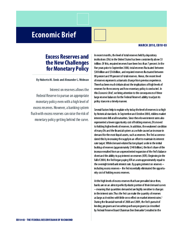 (PDF) Excess reserves and the new challenges for monetary policy