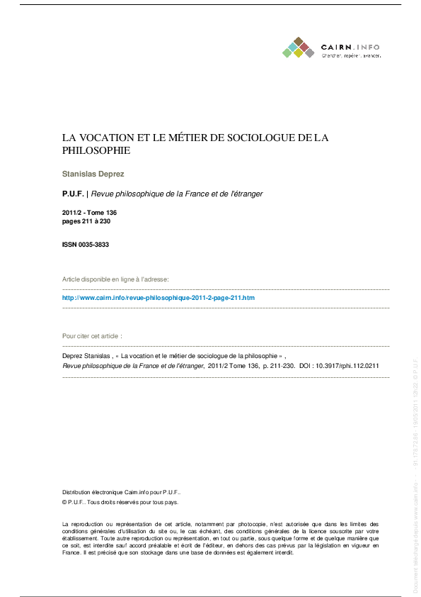 (PDF) La vocation et le métier de sociologue de la philosophie