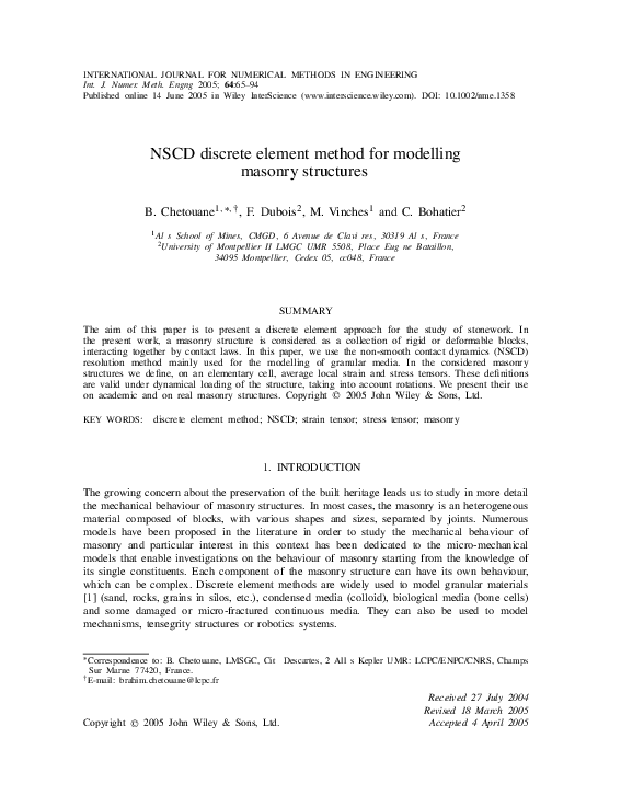 (PDF) NSCD discrete element method for modelling masonry structures