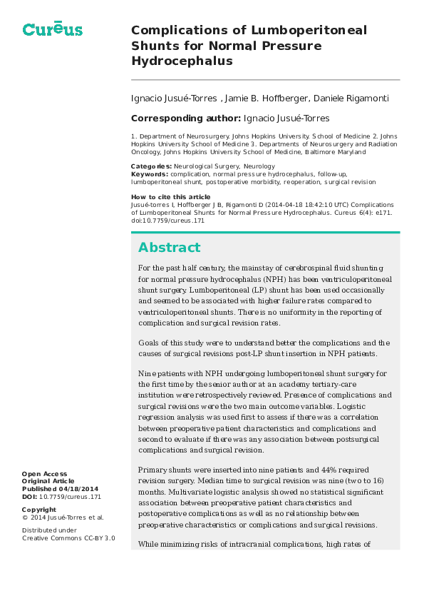 (PDF) Complications of Lumboperitoneal Shunts for Normal Pressure Hydrocephalus