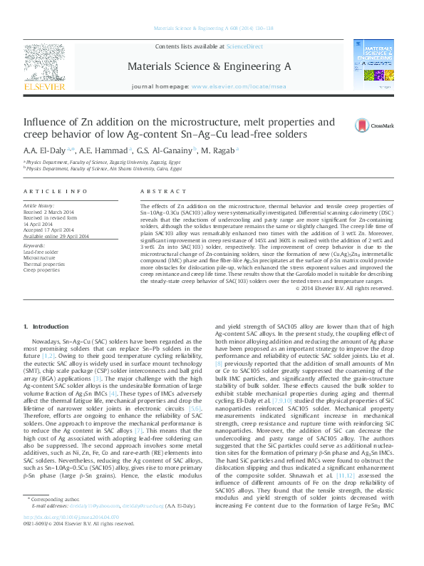 (PDF) Influence of Zn addition on the microstructure, melt properties and creep behavior of low ...