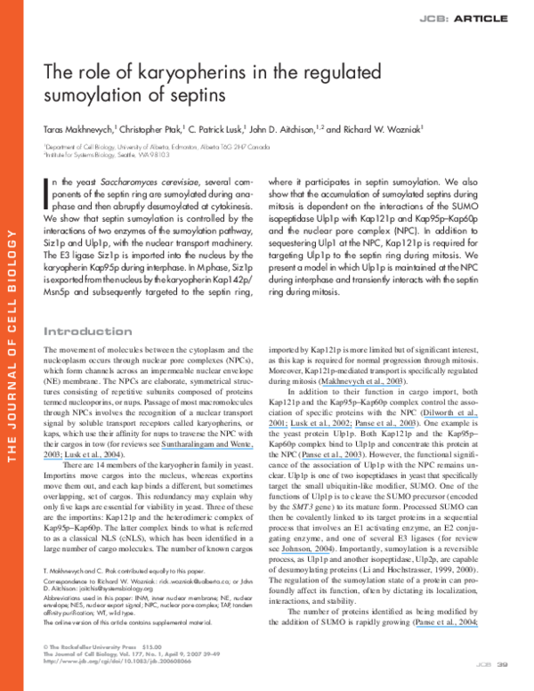 (PDF) The role of karyopherins in the regulated sumoylation of septins ...