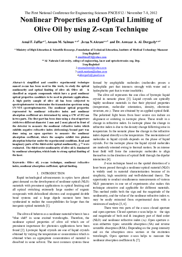 (PDF) Nonlinear properties and optical limiting of olive oil by using z-scan technique