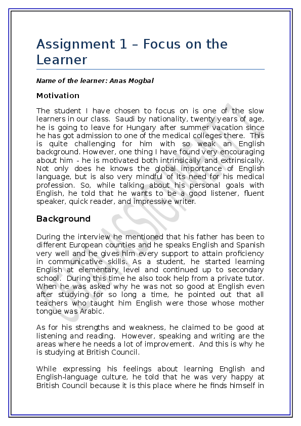 (DOC) Assignment 1 – Focus on the Learner