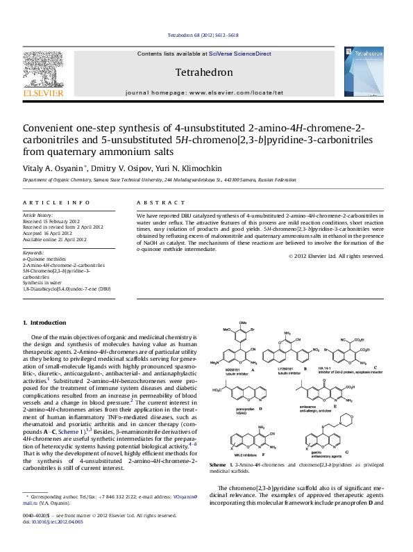 (PDF) Convenient one-step synthesis of 4-unsubstituted 2-amino-4H-chromene-2-carbonitriles and 5 ...
