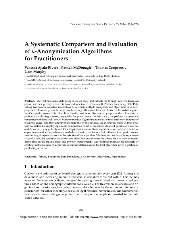 (PDF) A Systematic Comparison and Evaluation of k-Anonymization Algorithms for Practitioners
