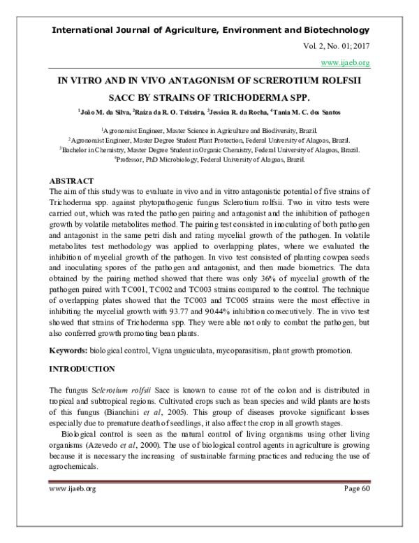 (PDF) IN VITRO AND IN VIVO ANTAGONISM OF SCREROTIUM ROLFSII SACC BY STRAINS OF TRICHODERMA SPP