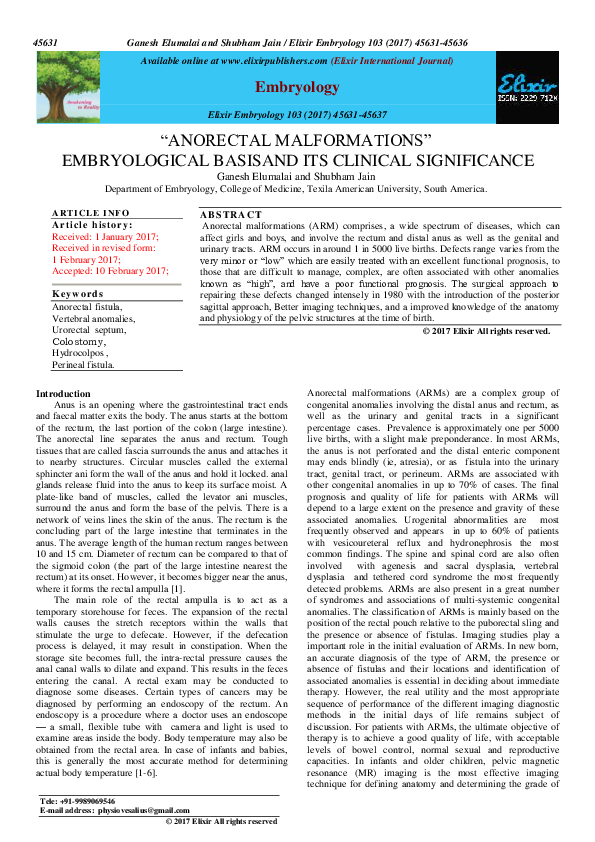 (PDF) ―ANORECTAL MALFORMATIONS‖ EMBRYOLOGICAL BASISAND ITS CLINICAL ...