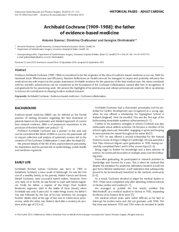 (PDF) Archibald Cochrane (1909-1988): the father of evidence-based medicine
