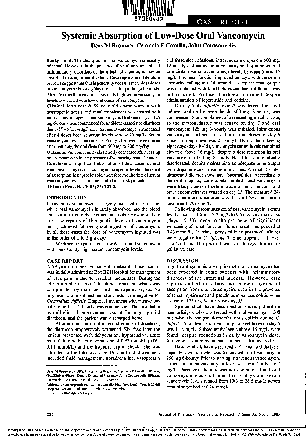 (PDF) Systemic Absorption of Low-Dose Oral Vancomycin