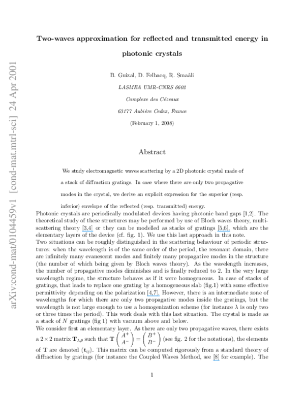 (PDF) Two-Waves Approximation for Reflected and Transmitted Energy in Photonic Crystals