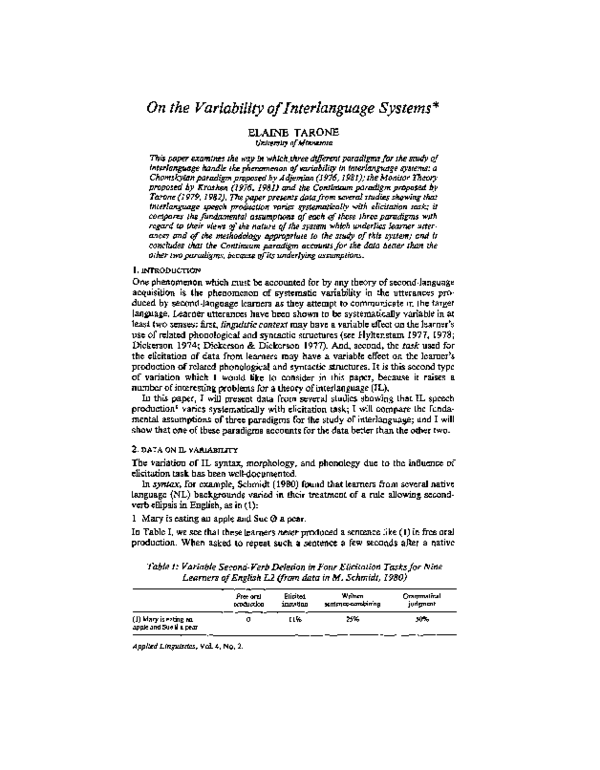 (PDF) On the Variability of Interlanguage Systems*