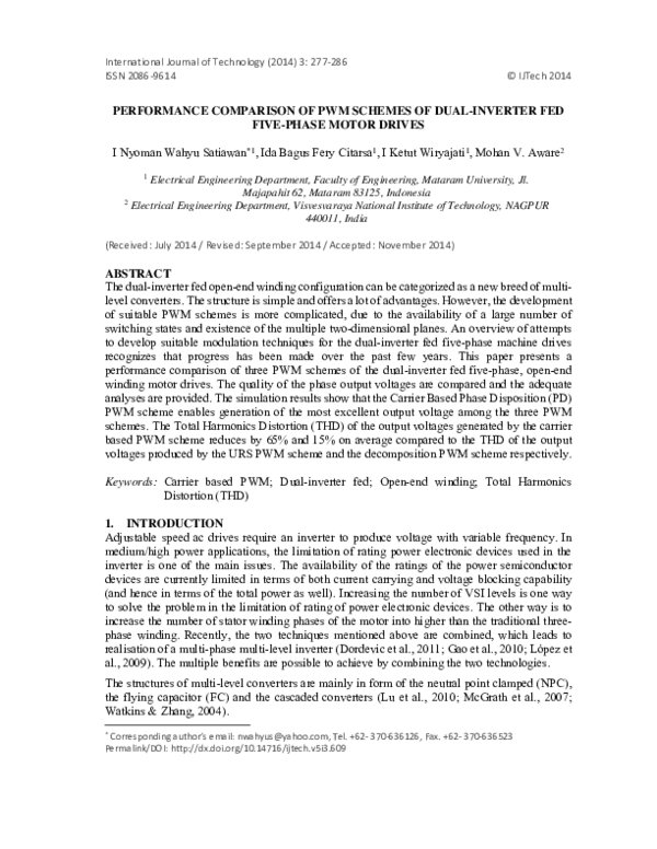 Pdf Performance Comparison Of Pwm Schemes Of Dual Inverter Fed Five Phase Motor Drives
