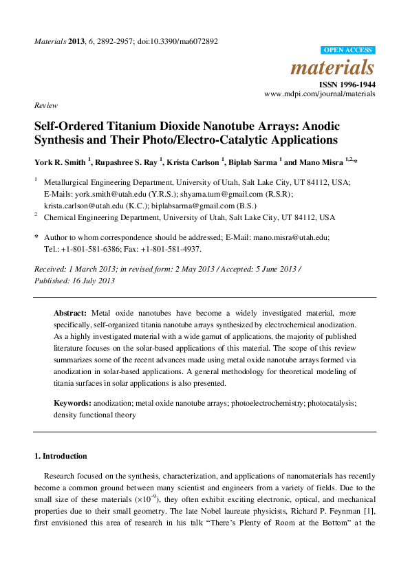 (PDF) materials Self-Ordered Titanium Dioxide Nanotube Arrays: Anodic Synthesis and Their Photo ...