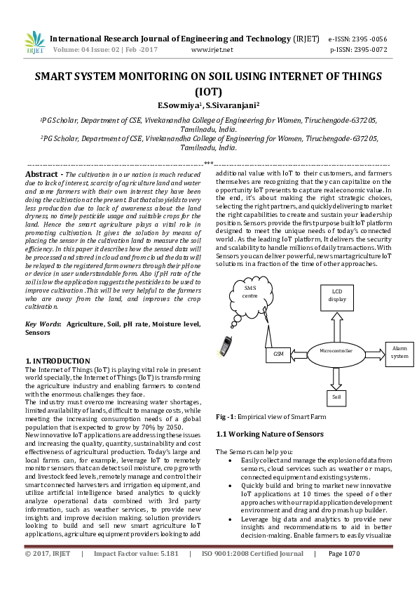 (PDF) IRJET-SMART SYSTEM MONITORING ON SOIL USING INTERNET OF THINGS (IOT)