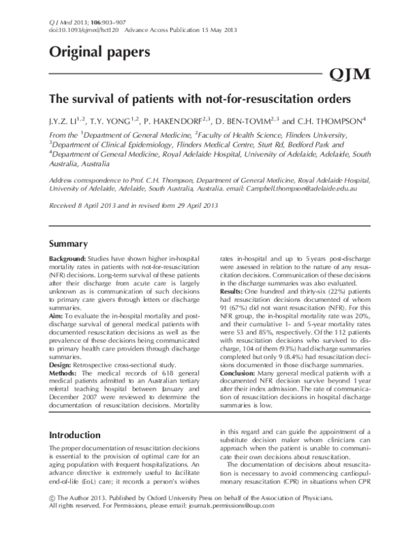 (PDF) The survival of patients with not-for-resuscitation orders