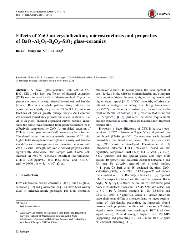 (PDF) Effects of ZnO on crystallization, microstructures and properties of BaO–Al 2 O 3 –B 2 O 3 ...