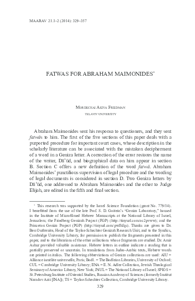 (PDF) 2017. FATWAS FOR ABRAHAM MAIMONIDES