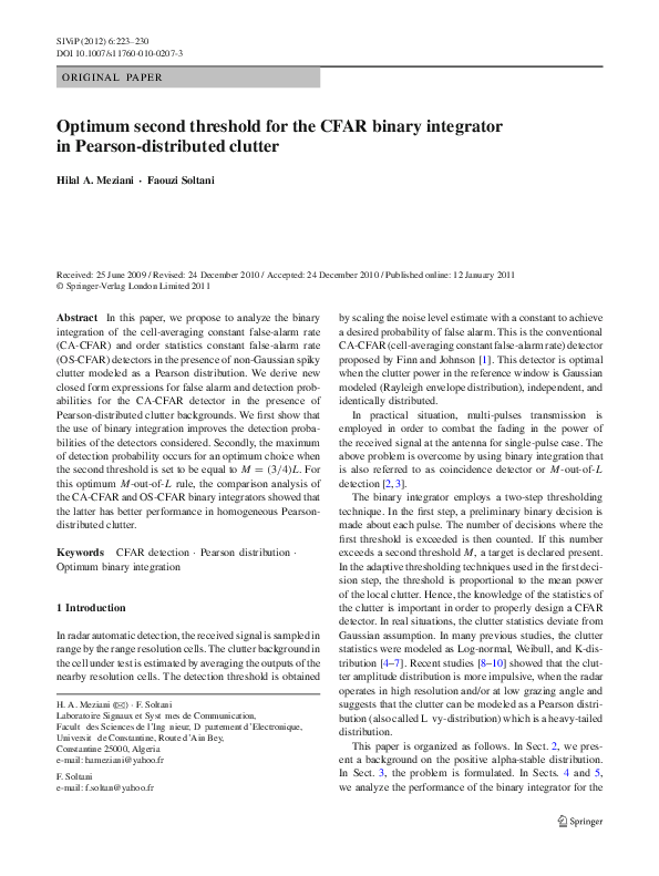 (PDF) Optimum second threshold for the CFAR binary integrator in Pearson-distributed clutter