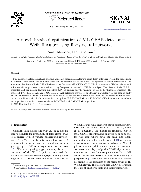 Pdf A Novel Threshold Optimization Of Ml Cfar Detector In Weibull Clutter Using Fuzzy Neural