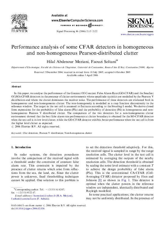 (PDF) Performance analysis of some CFAR detectors in homogeneous and non-homogeneous Pearson ...