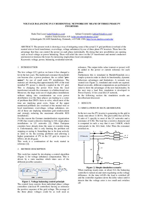 (PDF) Voltage Balancing in LV Residential Networks by Means of Three Phase PV Inverters | Dan ...