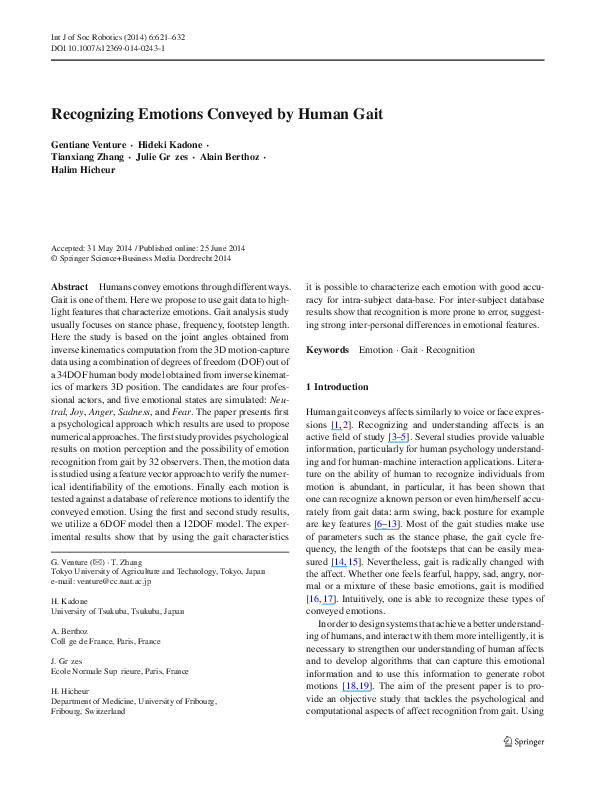 Pdf Recognizing Emotions Conveyed By Human Gait