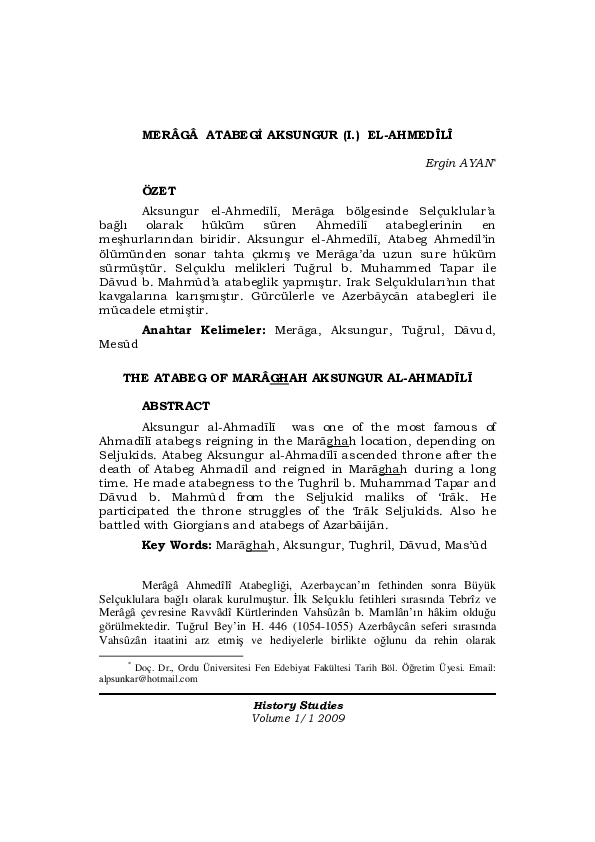 (PDF) Ergin AYAN- MERÂGÂ ATABEGİ AKSUNGUR (I.) EL-AHMEDÎLÎ/ THE ATABEG ...