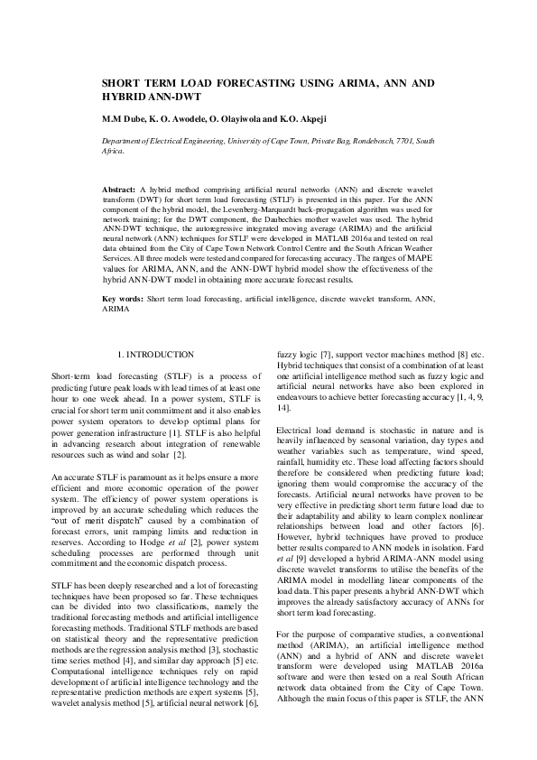 (PDF) SHORT TERM LOAD FORECASTING USING ARIMA, ANN AND HYBRID ANN-DWT
