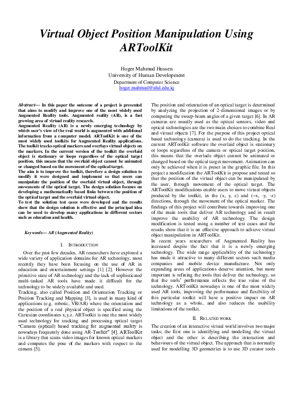 (PDF) Virtual Object Position Manipulation Using ARToolKit