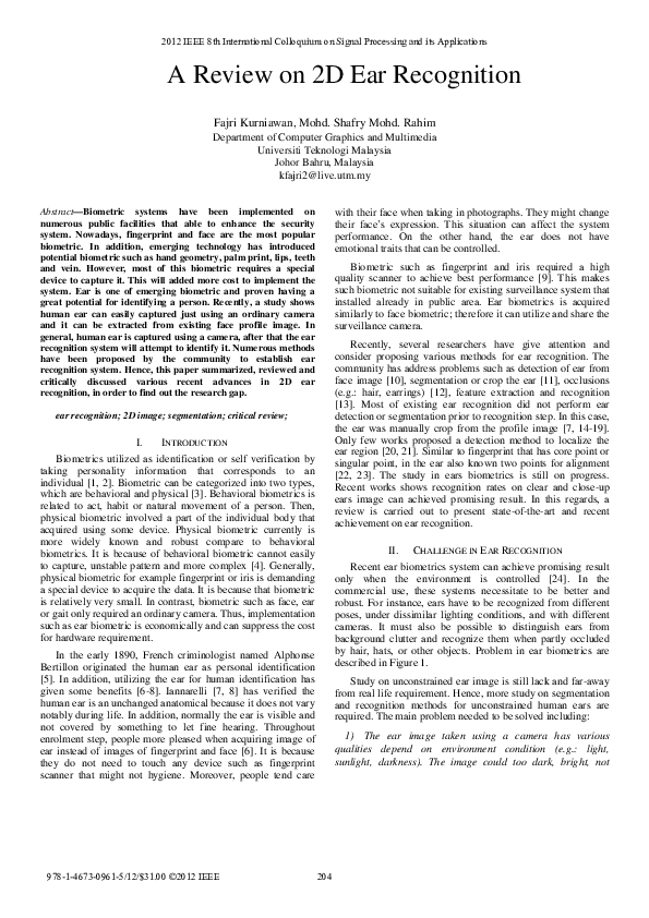 (PDF) A Review on 2D Ear Recognition