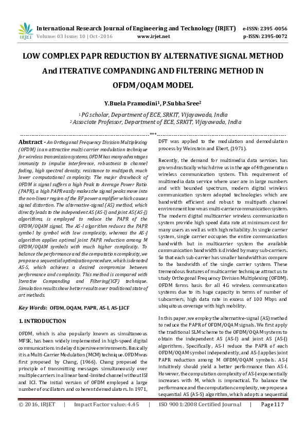 (PDF) IRJET-LOW COMPLEX PAPR REDUCTION BY ALTERNATIVE SIGNAL METHOD And ITERATIVE COMPANDING AND ...