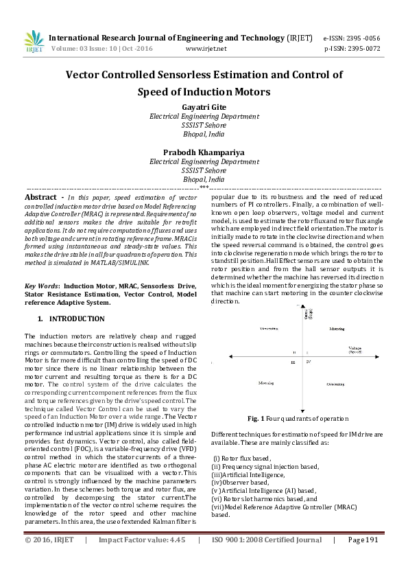 Pdf Irjet Vector Controlled Sensorless Estimation And Control Of Speed Of Induction Motors