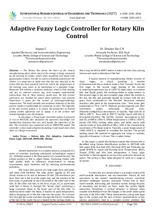 Pdf Irjet Adaptive Fuzzy Logic Controller For Rotary Kiln Control