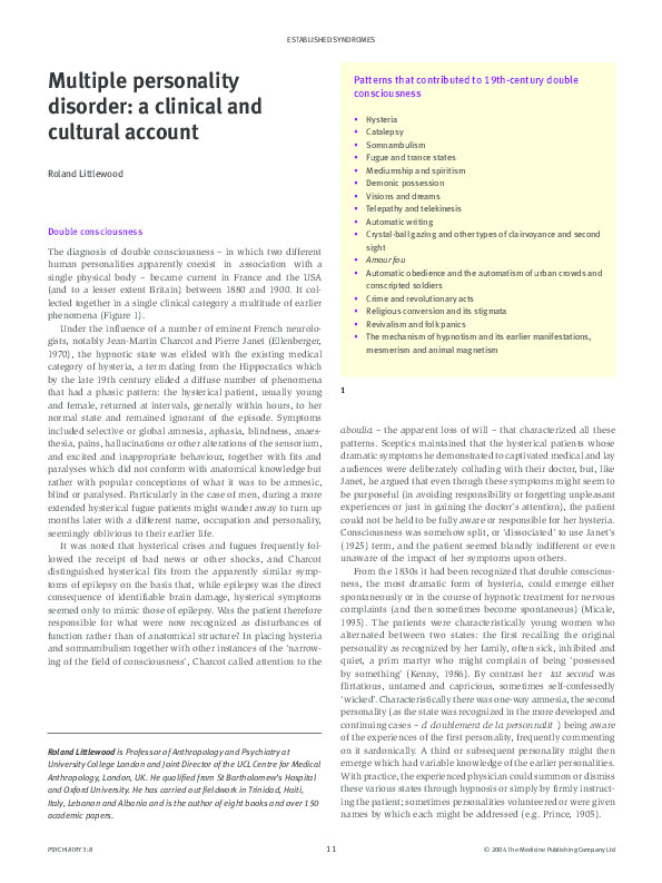 (PDF) Multiple personality disorder: a clinical and cultural account