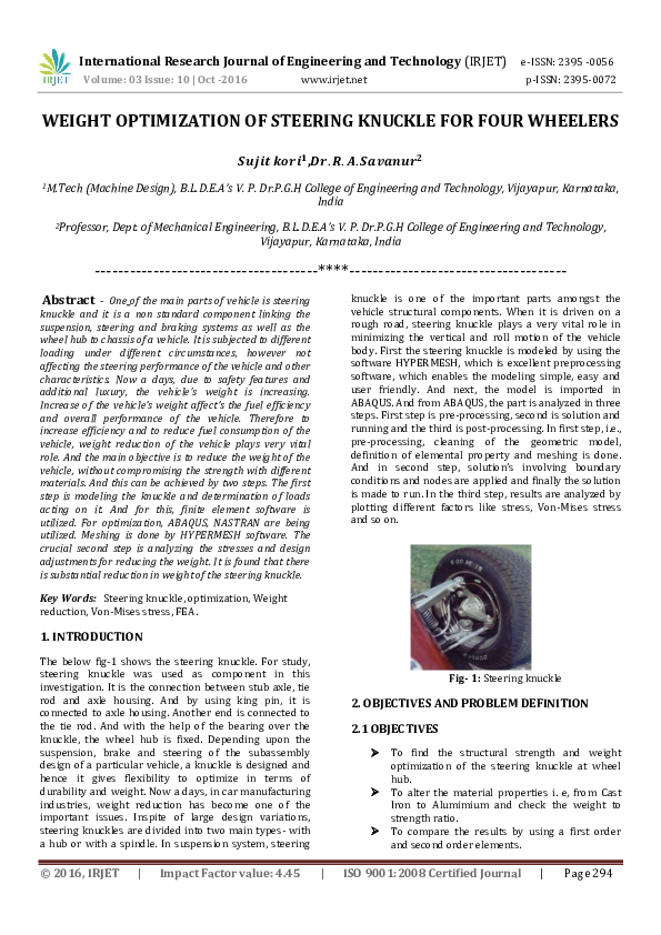 (PDF) IRJET-WEIGHT OPTIMIZATION OF STEERING KNUCKLE FOR FOUR WHEELERS