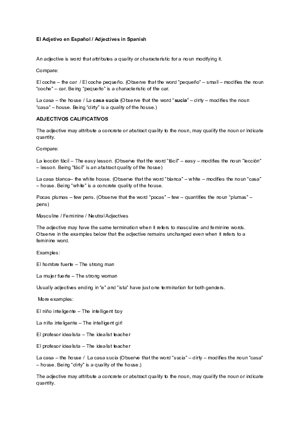 (DOC) El Adjetivo en Español / Adjectives in Spanish