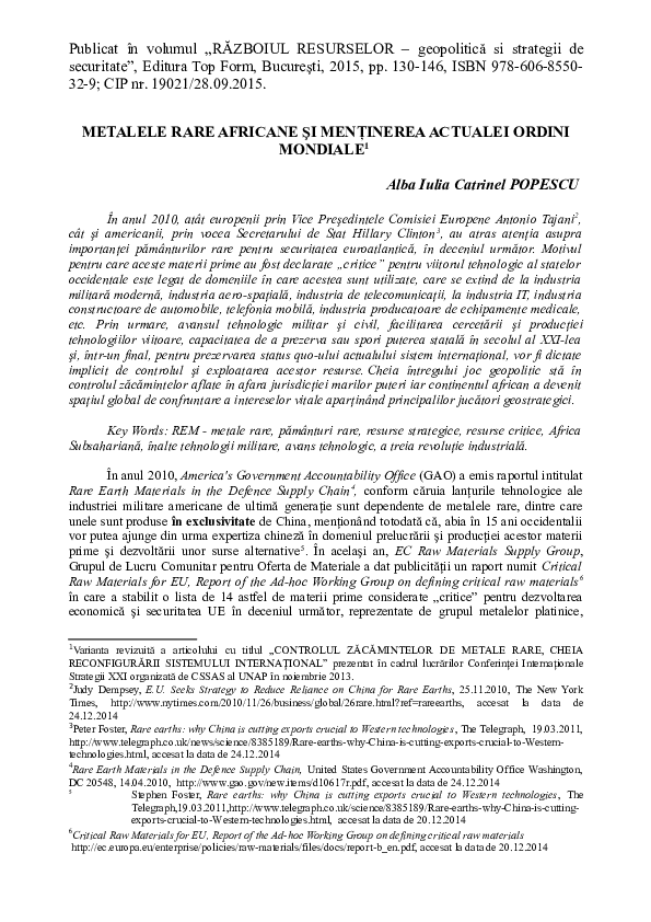 (DOC) METALELE RARE AFRICANE ŞI MENŢINEREA ACTUALEI ORDINI MONDIALE 1