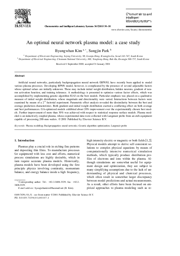(PDF) An optimal neural network plasma model: a case study