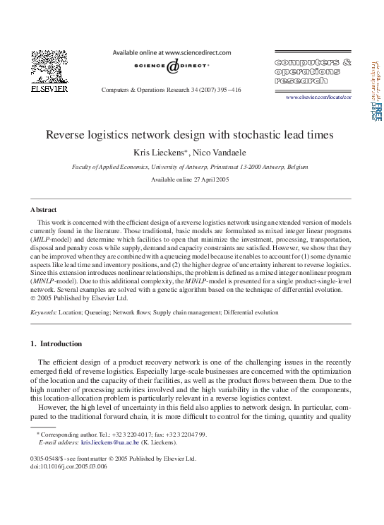 (PDF) Reverse logistics network design with stochastic lead times