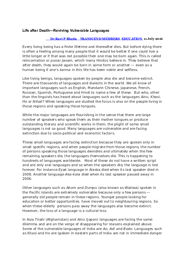 (DOC) Life after Death—Reviving Vulnerable Languages