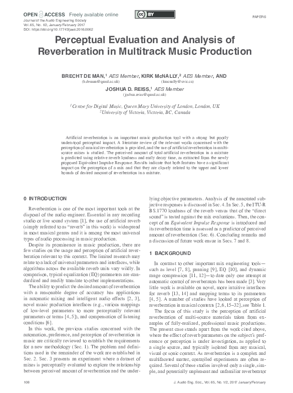 (PDF) Perceptual Evaluation and Analysis of Reverberation in Multitrack ...