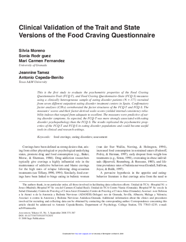 (PDF) Clinical Validation of the Trait and State Versions of the Food ...