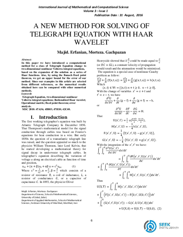 Pdf A New Method For Solving Of Telegraph Equation With Haar Wavelet