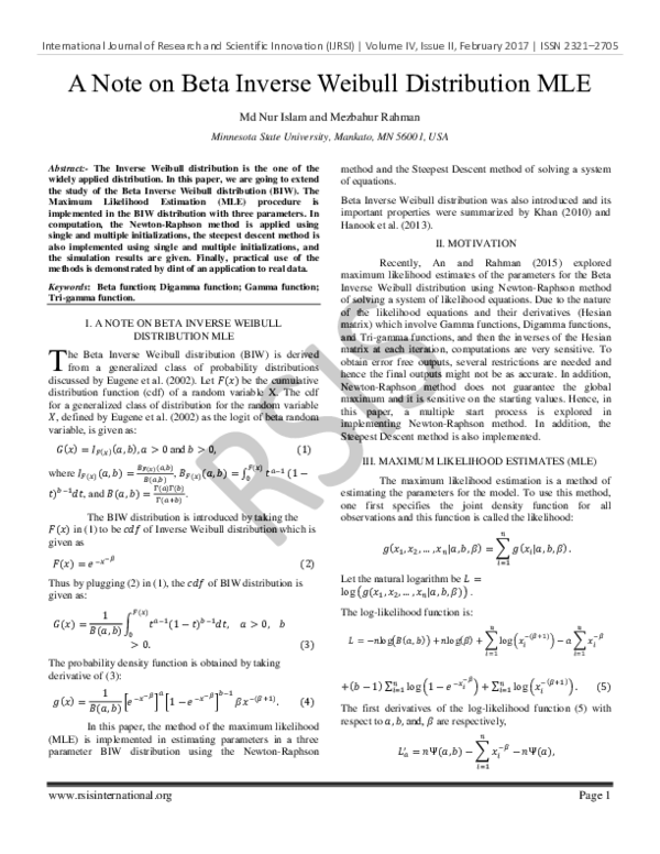 (PDF) A Note on Beta Inverse Weibull Distribution MLE