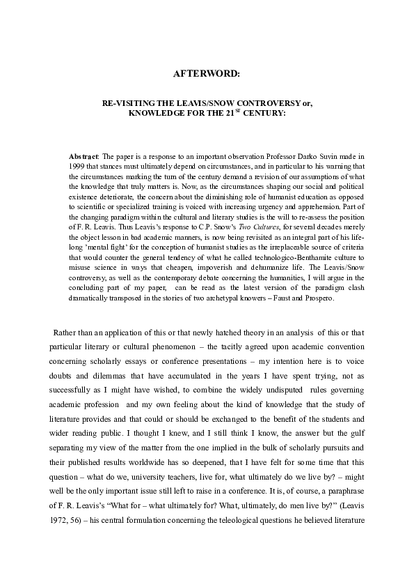 (DOC) AFTERWORD: RE-VISITING THE LEAVIS/SNOW CONTROVERSY or, KNOWLEDGE ...