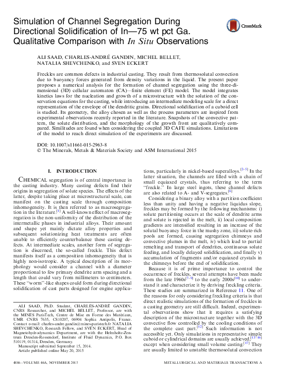 Simulation of Channel Segregation During Directional Solidification of In—75 wt pct Ga ...